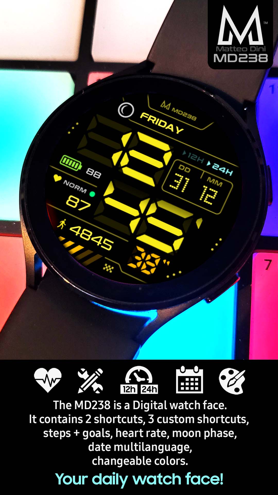 MD238 - Simple Minimal Digital Watch Face - Matteo Dini MD Wear OS Tizen