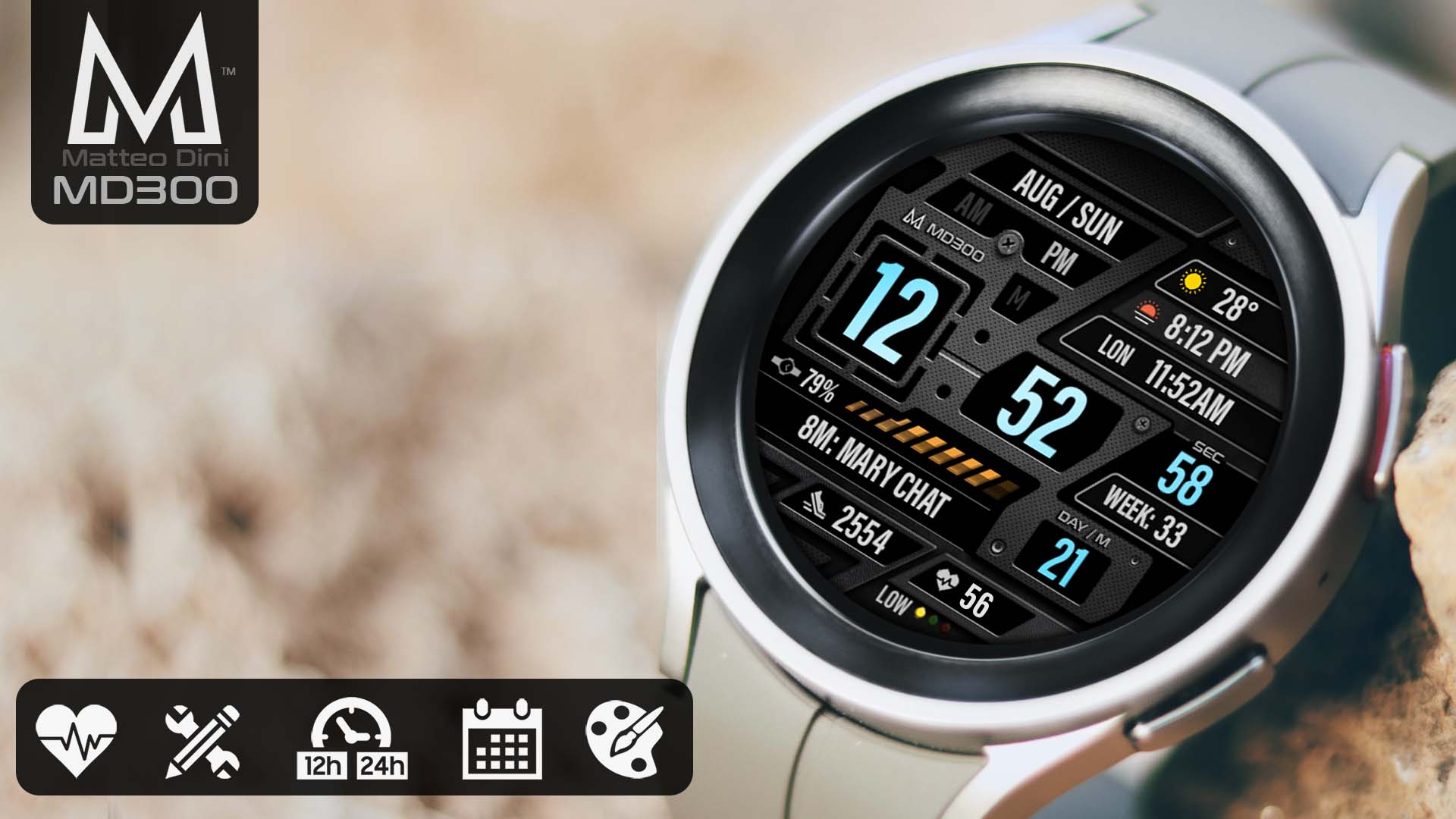 MD300: Digital watch face - Matteo Dini MD Wear OS Tizen