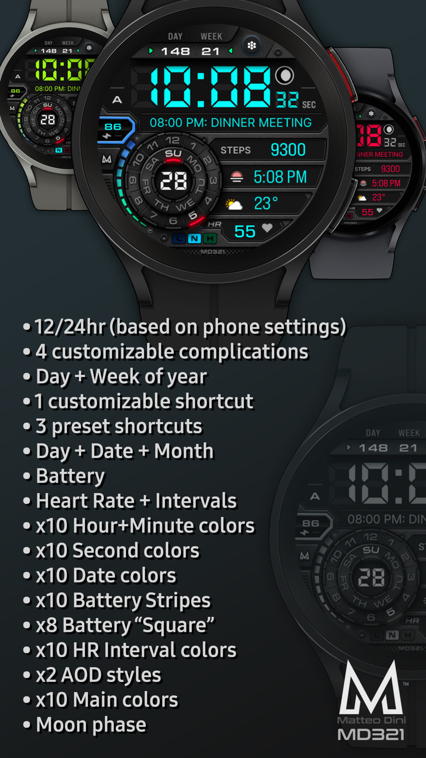 MD321 Digital Watch Face - Matteo Dini MD Wear OS Tizen