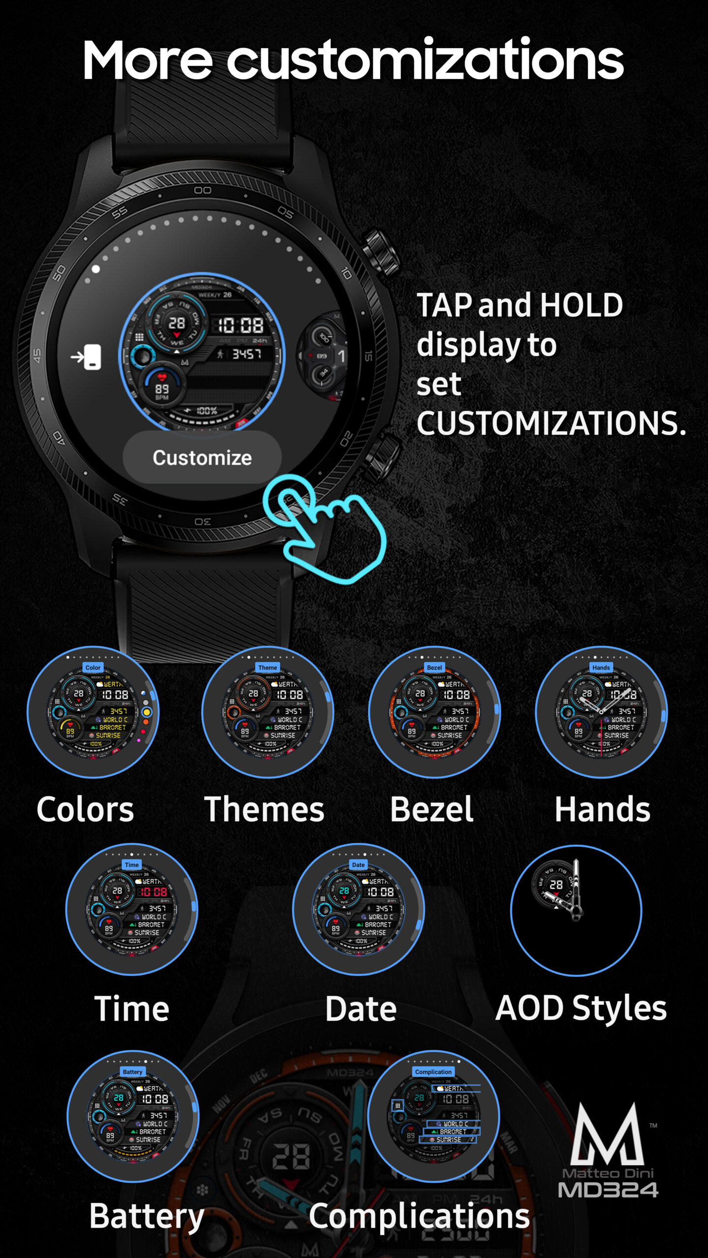 MD324 Informative Hybrid Watch Face - Matteo Dini MD Wear OS Tizen
