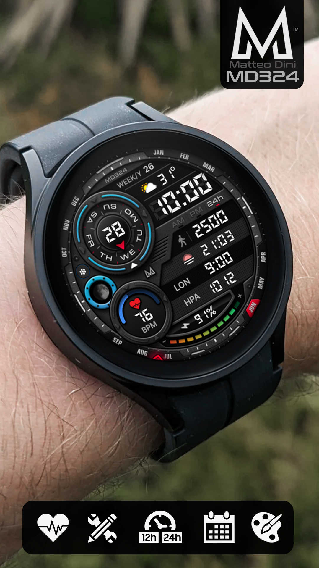 MD324 Informative Hybrid Watch Face - Matteo Dini MD Wear OS Tizen