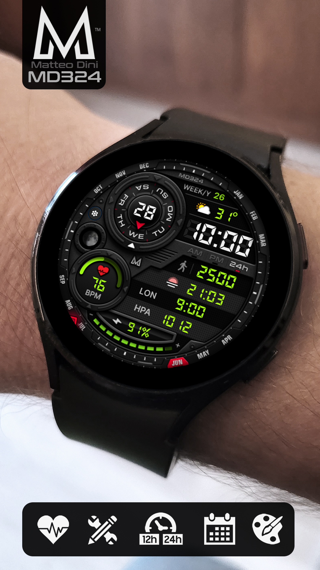 MD324 Informative Hybrid Watch Face - Matteo Dini MD Wear OS Tizen