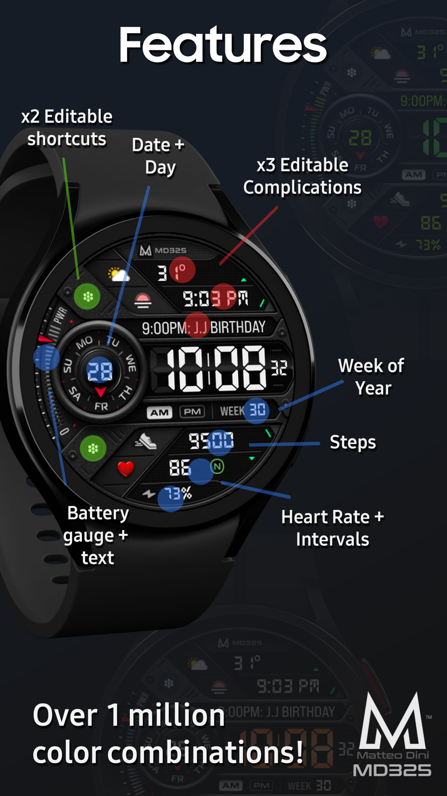 MD325 Digital Watch Face - Matteo Dini MD Wear OS Tizen