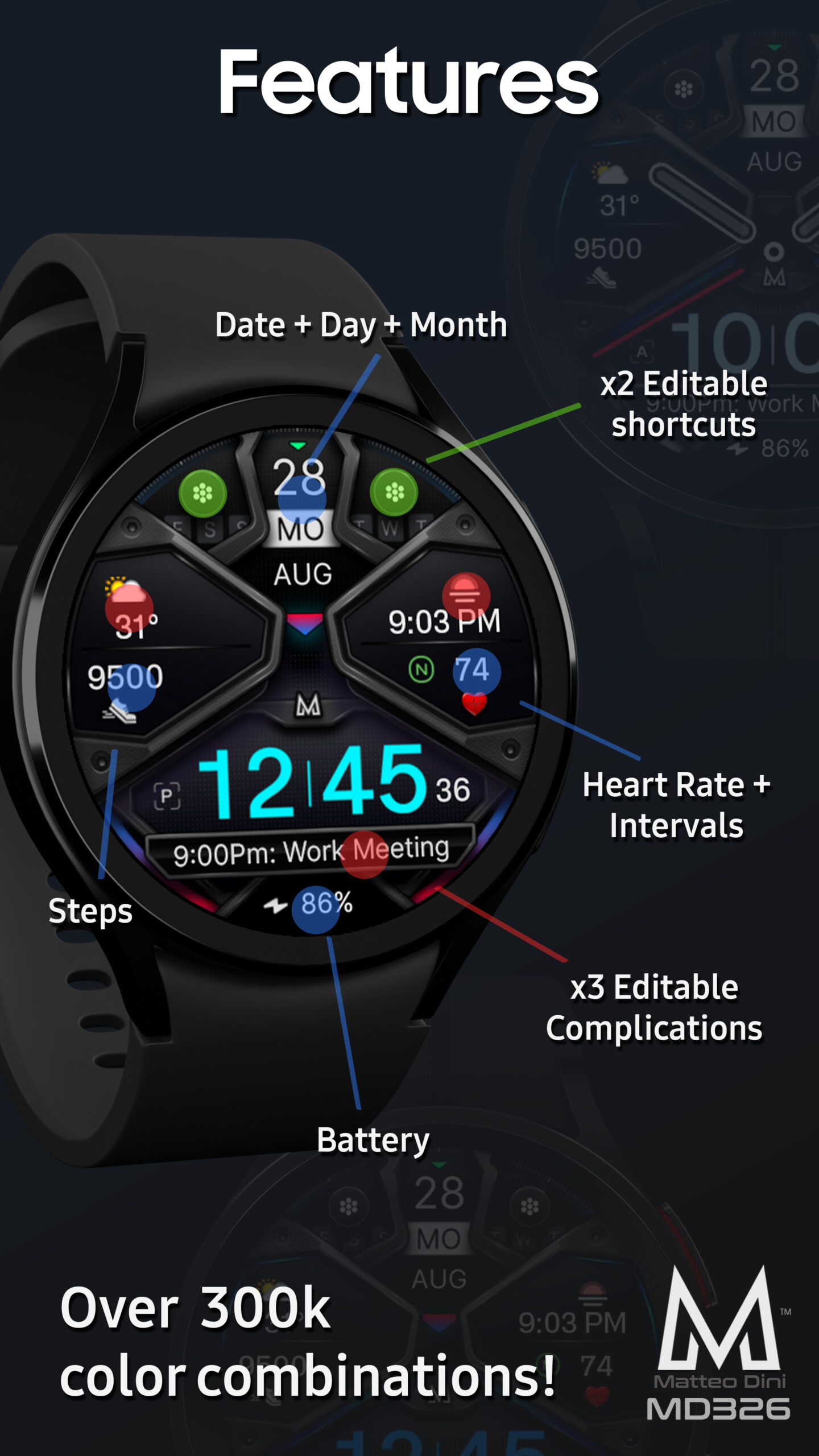 MD326 Modern Watch Face - Matteo Dini MD Wear OS Tizen